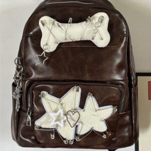 Hopecn Y2K Backpack With Accessories Star Aesthetic PU Goth Bookbag 90s Vintage Fashion Grunge Travel Daypack. (Star1-Brown1)