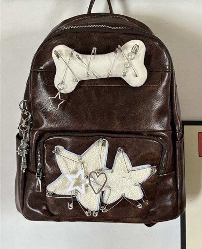 Hopecn Y2K Backpack With Accessories Star Aesthetic PU Goth Bookbag 90s Vintage Fashion Grunge Travel Daypack. (Star1-Brown1)