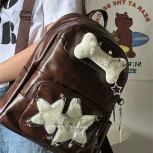 Hopecn Y2K Backpack With Accessories Star Aesthetic PU Goth Bookbag 90s Vintage Fashion Grunge Travel Daypack. (Star1-Brown1)