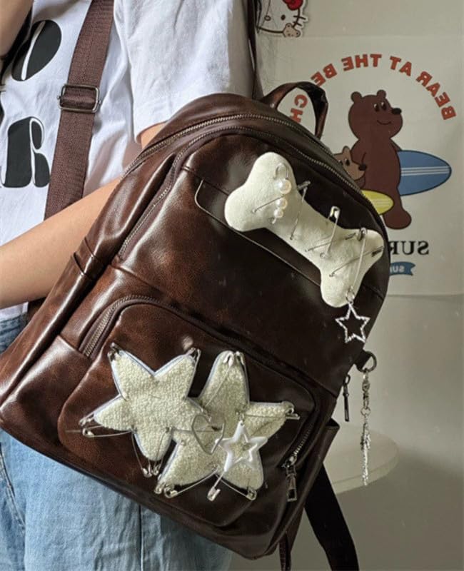 Hopecn Y2K Backpack With Accessories Star Aesthetic PU Goth Bookbag 90s Vintage Fashion Grunge Travel Daypack. (Star1-Brown1)