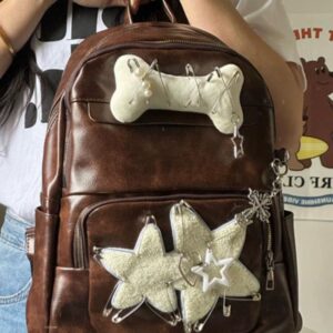 Hopecn Y2K Backpack With Accessories Star Aesthetic PU Goth Bookbag 90s Vintage Fashion Grunge Travel Daypack. (Star1-Brown1)