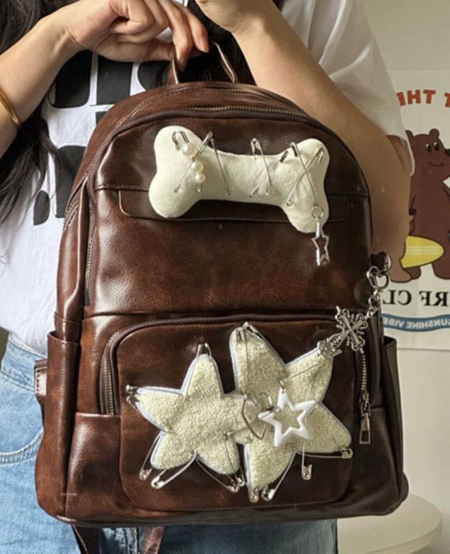 Hopecn Y2K Backpack With Accessories Star Aesthetic PU Goth Bookbag 90s Vintage Fashion Grunge Travel Daypack. (Star1-Brown1)