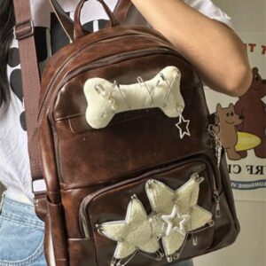 Hopecn Y2K Backpack With Accessories Star Aesthetic PU Goth Bookbag 90s Vintage Fashion Grunge Travel Daypack. (Star1-Brown1)