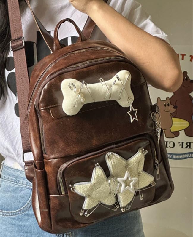 Hopecn Y2K Backpack With Accessories Star Aesthetic PU Goth Bookbag 90s Vintage Fashion Grunge Travel Daypack. (Star1-Brown1)