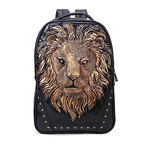 seamand Personalized 3D Lion PU Leather Casual Laptop Backpack for Men Durable Travel Daypack (Gold color)