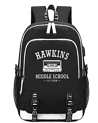 jupkem Stranger Hawkins Middle School AV Club College USB Charging Backpack Laptop Bag Travel Bookbag Over 6 Years Old