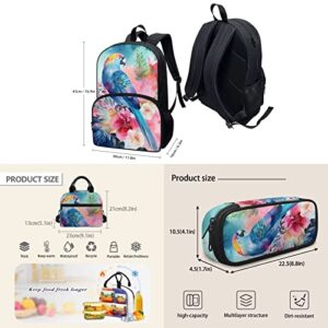 Parprinty Blue Floral Bird Parrot Backpack Set for Girls Kids Lightweight Cute School Backpack with Lunch Box Pencil Case Adjustable Strap Padded Book Bag Insulated Lunch Bag