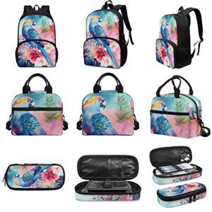 Parprinty Blue Floral Bird Parrot Backpack Set for Girls Kids Lightweight Cute School Backpack with Lunch Box Pencil Case Adjustable Strap Padded Book Bag Insulated Lunch Bag