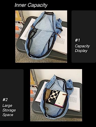 JHTPSLR Preppy Backpack Denim Backpack Casual Vintage Aesthetic Backpack Cowboy Backpack Daypack Book Bags Backpack Supplies (Light Blue)