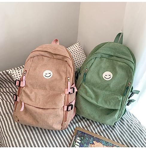 JHTPSLR Preppy Backpack Smiley Face Corduroy Backpack Cute Academia Aesthetic Backpack Autumn Corduroy Backpack Solid Book Bags (Sage Green)