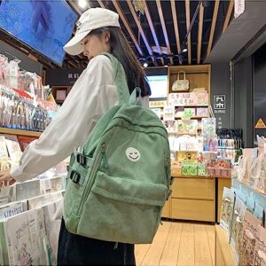 JHTPSLR Preppy Backpack Smiley Face Corduroy Backpack Cute Academia Aesthetic Backpack Autumn Corduroy Backpack Solid Book Bags (Sage Green)