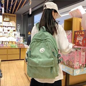 JHTPSLR Preppy Backpack Smiley Face Corduroy Backpack Cute Academia Aesthetic Backpack Autumn Corduroy Backpack Solid Book Bags (Sage Green)