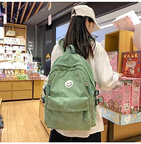 JHTPSLR Preppy Backpack Smiley Face Corduroy Backpack Cute Academia Aesthetic Backpack Autumn Corduroy Backpack Solid Book Bags (Sage Green)