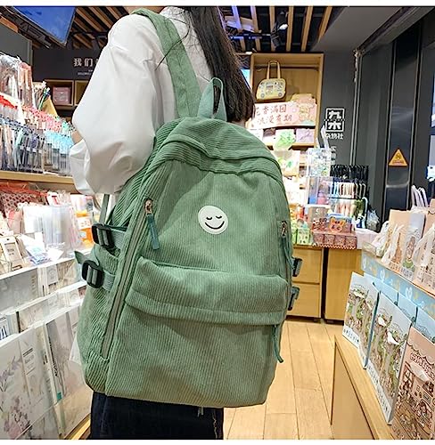 JHTPSLR Preppy Backpack Smiley Face Corduroy Backpack Cute Academia Aesthetic Backpack Autumn Corduroy Backpack Solid Book Bags (Sage Green)