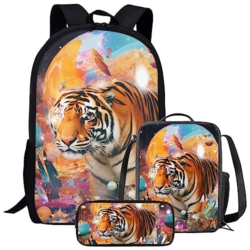 Tiger Backpack and Lunch Bag Set for Boys Girls Portable Lightweight Adjustable Large 17 Inch School Backpack with Lunch Box Pencil Case Kids Student Personalized Bookbag