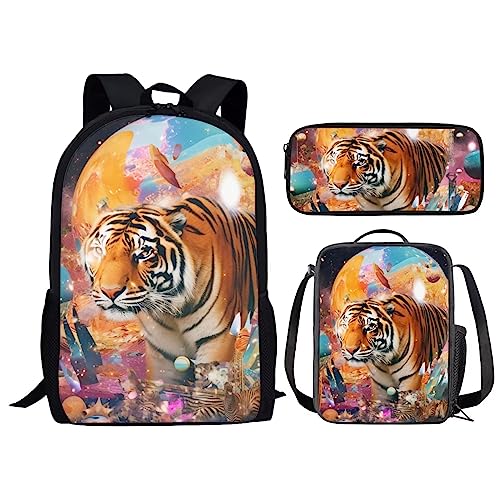 Tiger Backpack and Lunch Bag Set for Boys Girls Portable Lightweight Adjustable Large 17 Inch School Backpack with Lunch Box Pencil Case Kids Student Personalized Bookbag