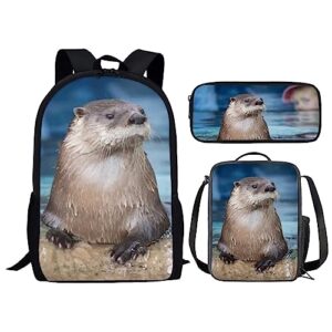 Kids Novelty Animal Backpack and Lunch Box for Boys Girls Student Lightweight 17 Inch School North American River Otter Backpack with Lunch Bag Pencil Case Kids Comfy Padded Black Large Bookbag