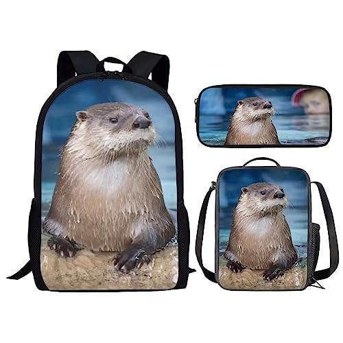 Kids Novelty Animal Backpack and Lunch Box for Boys Girls Student Lightweight 17 Inch School North American River Otter Backpack with Lunch Bag Pencil Case Kids Comfy Padded Black Large Bookbag