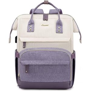 lovevook laptop backpack purse for women, nurse work business travel backpack bag, wide open backpack, lightweight water resistent daypack with usb charging port, 17.3 inch, beige-light purple