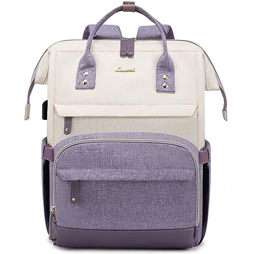 LOVEVOOK Laptop Backpack Purse for Women, Nurse Work Business Travel Backpack Bag, Wide Open Backpack, Lightweight Water Resistent Daypack with USB Charging Port, 17.3 inch, Beige-Light purple