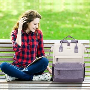 LOVEVOOK Laptop Backpack Purse for Women, Nurse Work Business Travel Backpack Bag, Wide Open Backpack, Lightweight Water Resistent Daypack with USB Charging Port, 17.3 inch, Beige-Light purple