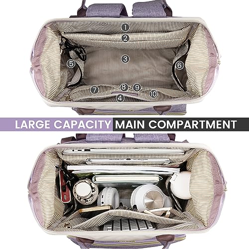 LOVEVOOK Laptop Backpack Purse for Women, Nurse Work Business Travel Backpack Bag, Wide Open Backpack, Lightweight Water Resistent Daypack with USB Charging Port, 17.3 inch, Beige-Light purple