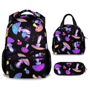 mushroom backpack with lunch box and pencil case set, 3 in 1 matching for girls boys backpacks combo, aesthetic bookbag and pencil case bundle