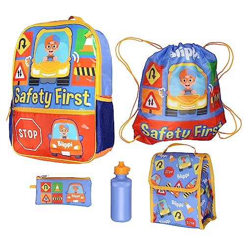 Blippi Backpack Safety First Kids School Travel Backpack 5 Pc Set With Lunch Box, Drawstring Bag, Water Bottle, and Pencil Case