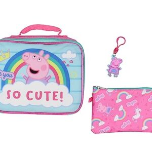 AI ACCESSORY INNOVATIONS Peppa Pig Backpack Kids School Travel Backpack Set With Lunch Box, Drawstring Bag, Pencil Case, and Rubber Molded Keychain