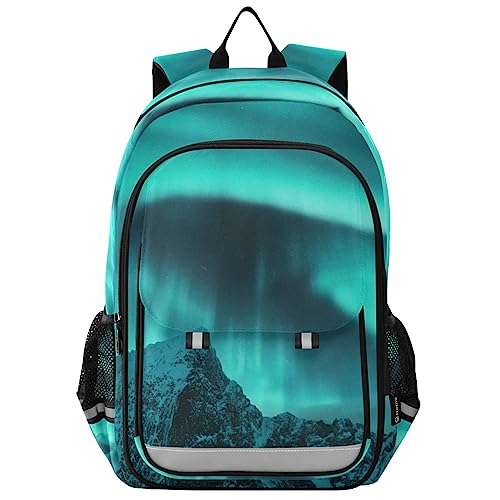 Glaphy Aurora Borealis Galaxy Mountain Backpack, School Bag Lightweight Laptop Backpack Students Travel Daypack with Reflective Stripes