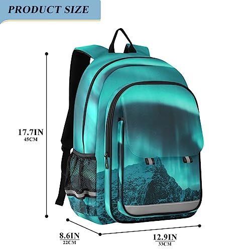 Glaphy Aurora Borealis Galaxy Mountain Backpack, School Bag Lightweight Laptop Backpack Students Travel Daypack with Reflective Stripes