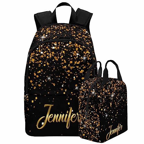 Custom Kids Backpack for Girls Boys Gold Sparkle Text Black Children Casual Daypack Backpacks, Personalized with Kid's Name Preschool School Bag, Children Travel Bookbag for School Season