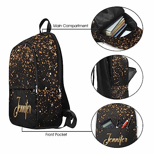 Custom Kids Backpack for Girls Boys Gold Sparkle Text Black Children Casual Daypack Backpacks, Personalized with Kid's Name Preschool School Bag, Children Travel Bookbag for School Season