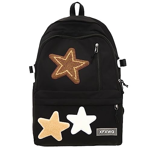 JHTPSLR Preppy Backpack Plush Stars Patchwork Preppy Backpack Y2K Aesthetic Backpack Double Layer Book Bags Backpack Supplies (Black)