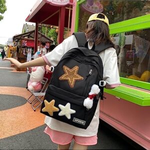 JHTPSLR Preppy Backpack Plush Stars Patchwork Preppy Backpack Y2K Aesthetic Backpack Double Layer Book Bags Backpack Supplies (Black)