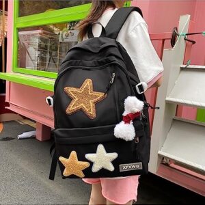 JHTPSLR Preppy Backpack Plush Stars Patchwork Preppy Backpack Y2K Aesthetic Backpack Double Layer Book Bags Backpack Supplies (Black)