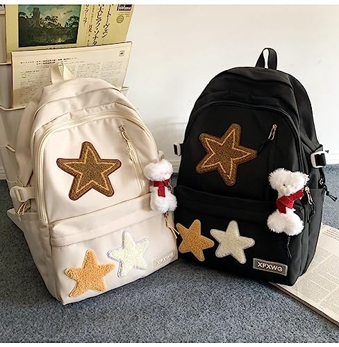 JHTPSLR Preppy Backpack Plush Stars Patchwork Preppy Backpack Y2K Aesthetic Backpack Double Layer Book Bags Backpack Supplies (Black)