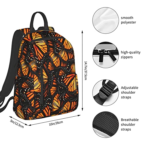 Orange Monarch Butterflies Print Backpack Laptop Bags Lightweight Unisex Daypacks For Outdoor Travel Work