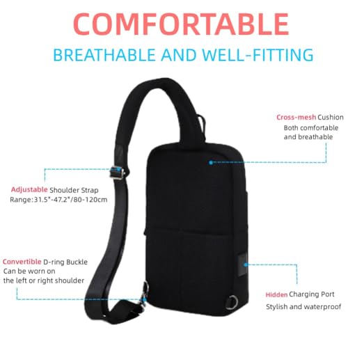 Silaoburi Crossbody Sling Bag Small Backpack Purse with Usb Charging Port & Water Bottle Holder Chest Shoulder Bag for Hiking Travel Black Bandoleras Para Hombre