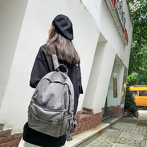 JHTPSLR Preppy Backpack Denim Backpack Vintage Aesthetic Backpack Cowboy Backpack Solid Denim Book Bags Casual Daypack Backpack Supplies (Smoke Grey)