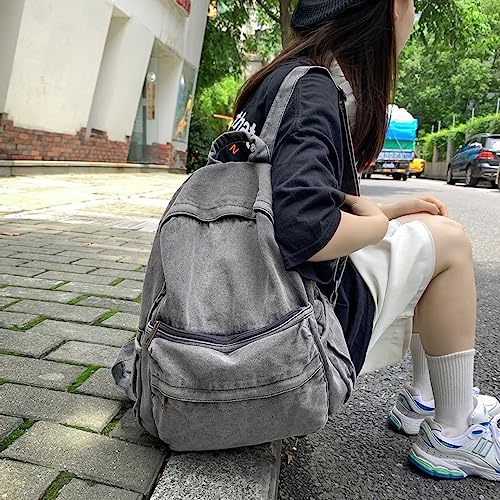 JHTPSLR Preppy Backpack Denim Backpack Vintage Aesthetic Backpack Cowboy Backpack Solid Denim Book Bags Casual Daypack Backpack Supplies (Smoke Grey)