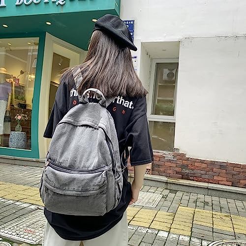 JHTPSLR Preppy Backpack Denim Backpack Vintage Aesthetic Backpack Cowboy Backpack Solid Denim Book Bags Casual Daypack Backpack Supplies (Smoke Grey)