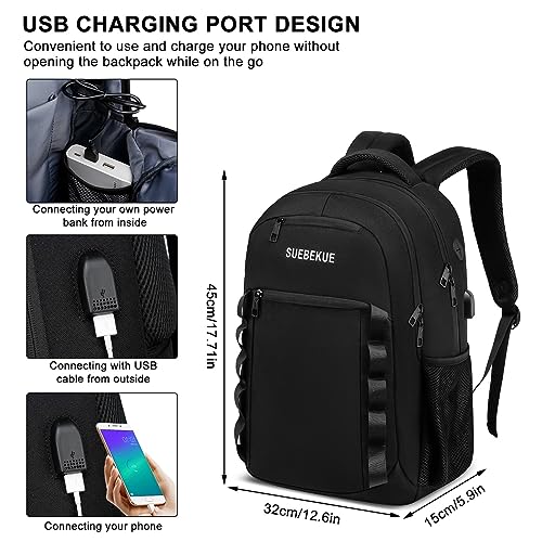 SUEBEKUE School Backpack for Teen Boy,Men Laptop Bookbag with USB Charger,Lightweight Back Pack for College,Mochilas Escolares para Adolescentes,Black