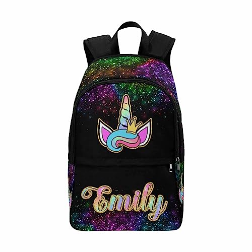 InterestPrint Custom Backpack with Name Rainbow Sparkle Personalized Name School Backpack for Boys Girls, Customized Student Bookbag for Travel, Work and School Birthday School Season Gift