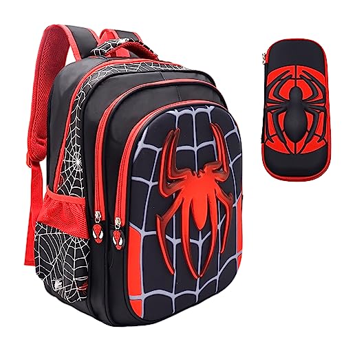 Treyrea 3D Backpack Toddler Waterproof Backpacks Comic Schoolbag Lightweight Bookbag With Pencil Case for Boys (Black, Large)