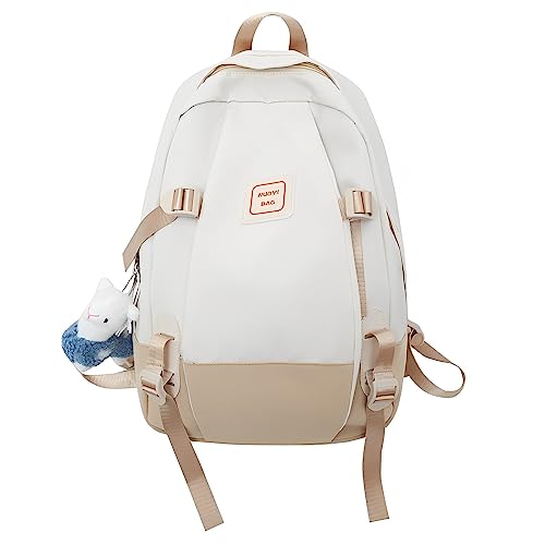 MAPLEROSE Kawaii Backpack with Cute Accessories Simple Style Aesthetic with Free Pendant Rucksack Bag Travel Large Capacity (White)