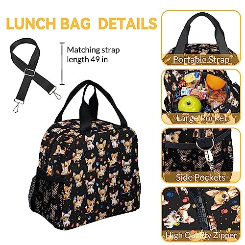 NICEFORNICE Chihuahua Dog Kids Backpack with Lunch Box, Set of 3 School Backpacks Matching Combo, Cute Black Bookbag and Pencil Case Bundle