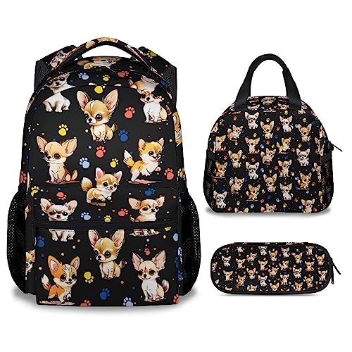 NICEFORNICE Chihuahua Dog Kids Backpack with Lunch Box, Set of 3 School Backpacks Matching Combo, Cute Black Bookbag and Pencil Case Bundle