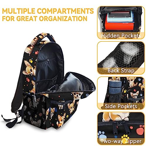 NICEFORNICE Chihuahua Dog Kids Backpack with Lunch Box, Set of 3 School Backpacks Matching Combo, Cute Black Bookbag and Pencil Case Bundle