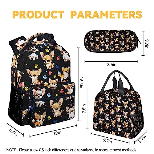 NICEFORNICE Chihuahua Dog Kids Backpack with Lunch Box, Set of 3 School Backpacks Matching Combo, Cute Black Bookbag and Pencil Case Bundle